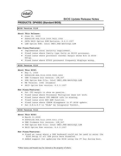 BIOS Update Release Notes - Intel