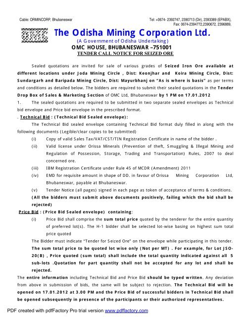 Tender for seized iron ore - Orissa Mining Corporation