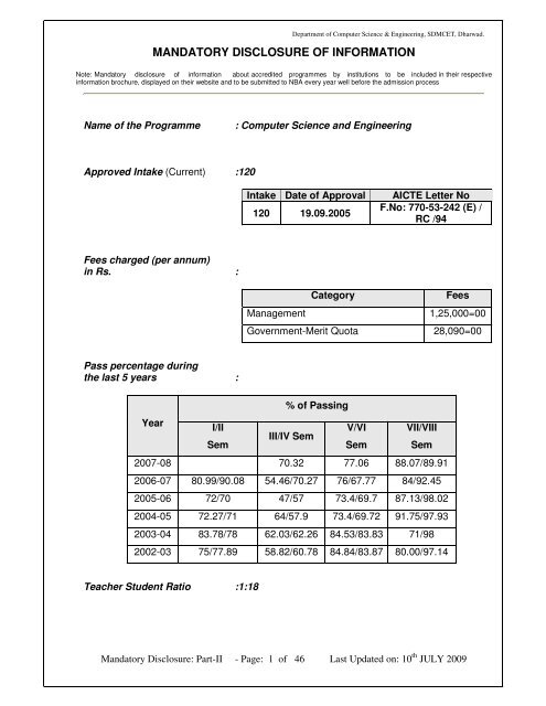 MANDATORY DISCLOSURE OF INFORMATION - SDMCET