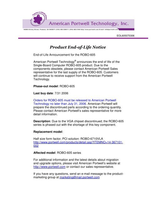 Product End-of-Life Notice - Portwell