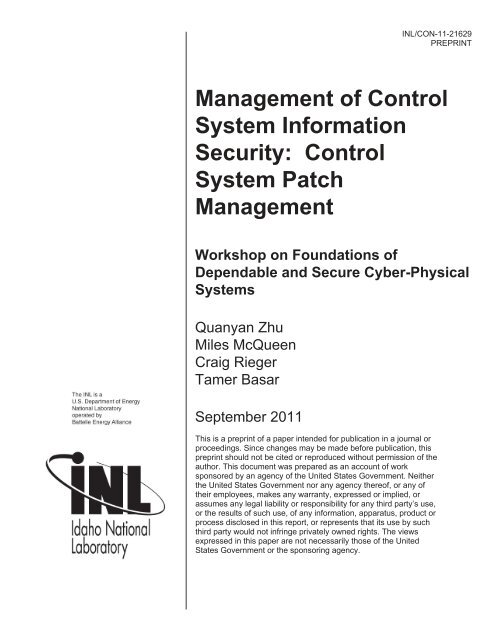 Management of Control System Information Security: Control System ...