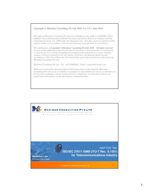 ISO/IEC 27011 ISMS (ITU-T Rec. X.1051) for Telecommunications ...