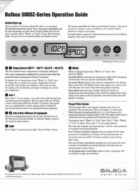 Balboa 500SZ-Series Operation Guide
