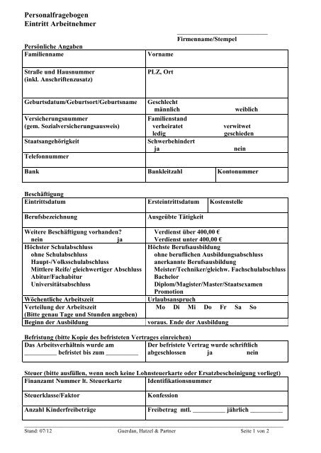 Personalfragebogen Eintritt Arbeitnehmer