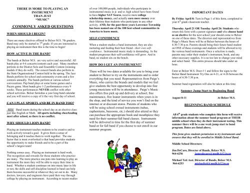 Beginning Band Sign Up Sheet - Belzer Middle School