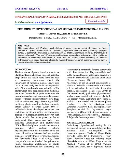 preliminary phytochemical screening of some medicinal plants - ijpcbs