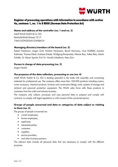 Register of processing operations - Adolf Würth GmbH & Co. KG