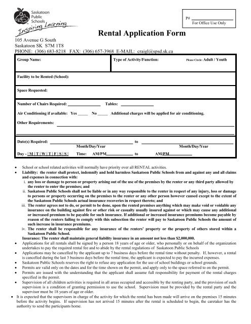 General Rental Application Form - Saskatoon Public Schools