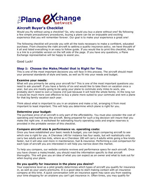 Aircraft Buyer's Checklist - The Plane Exchange