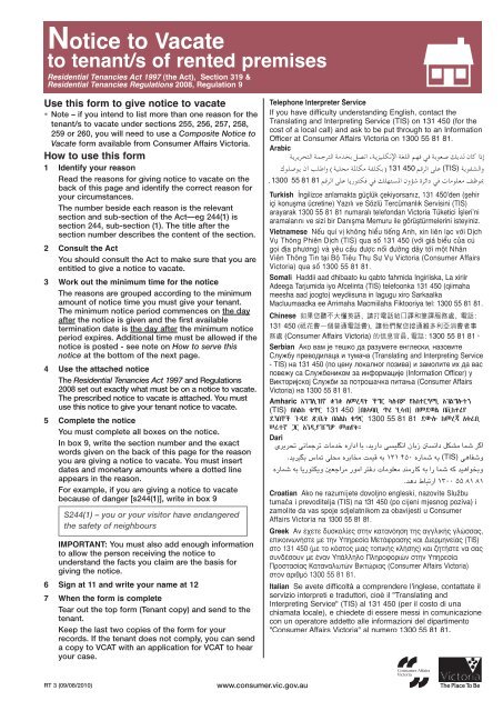 Notice to vacate to tenant/s of rented premises - Consumer Affairs ...