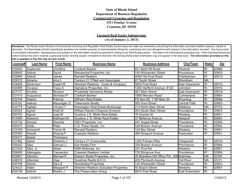 State of Rhode Island Department of Business Regulation ...