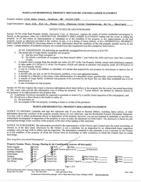 maryland residential property disclosure and disclaimer statement