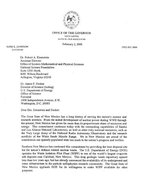 Letter of support from Governor Gary E. Johnson