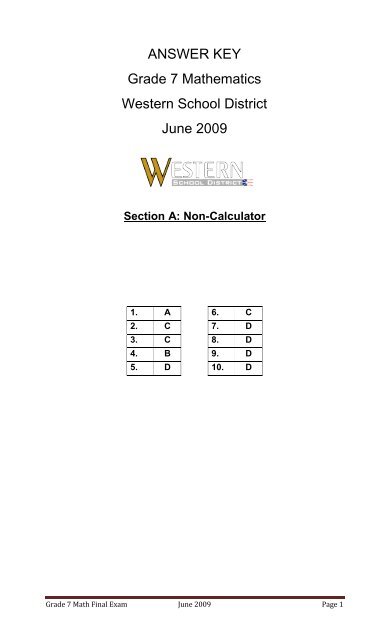 Grade 7 Math Final 2009 -Answer Key.pdf - Western School District