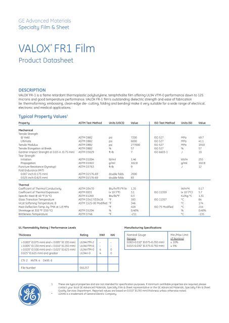 VALOX* FR1 Film - Cadillac Plastic