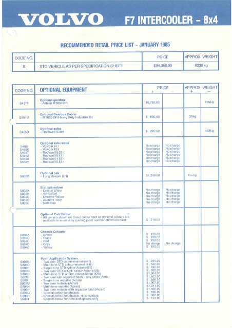 volvo - F7 inter 84 specs and price list - Hunter Old Trucks - Home