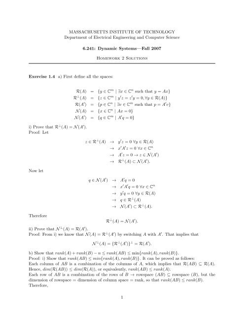 6.241J Dynamic Systems and Control, Assignment 2 solutions - MIT ...