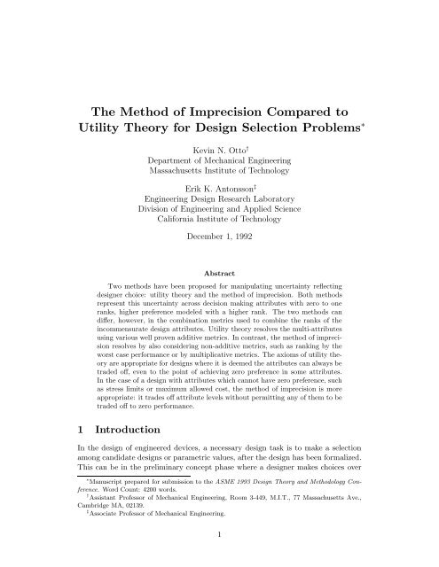 The Method of Imprecision Compared to Utility Theory for Design ...