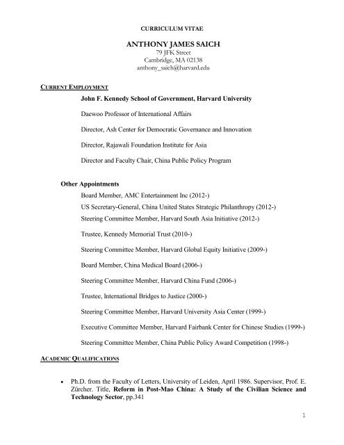 CURRICULUM VITAE: ANTHONY JAMES SAICH - Harvard University