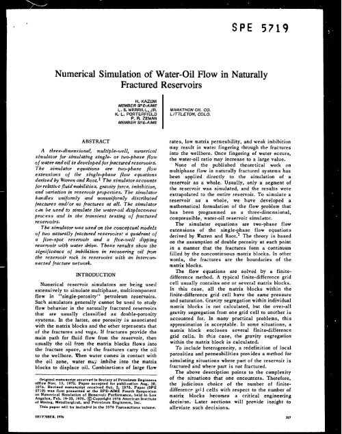 Numerical Simulation of Water-Oil Flow in Naturally Fractured ...