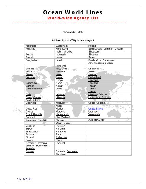 Ocean World Lines World-wide Agency List - Pacer