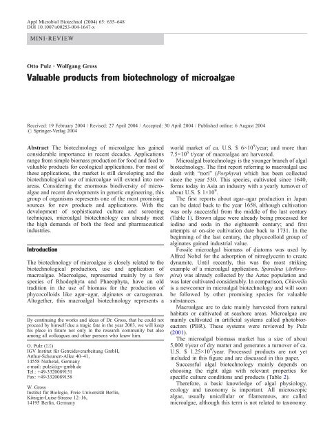 Valuable products from biotechnology of microalgae