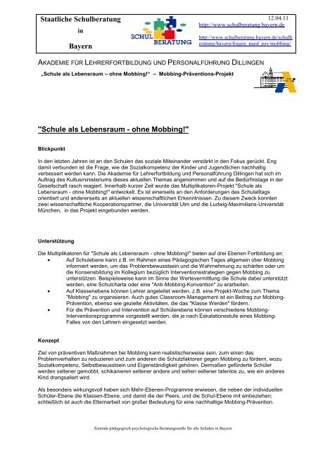 Anschreiben an die Schulleiter/innen - Staatliche Schulberatung in ...