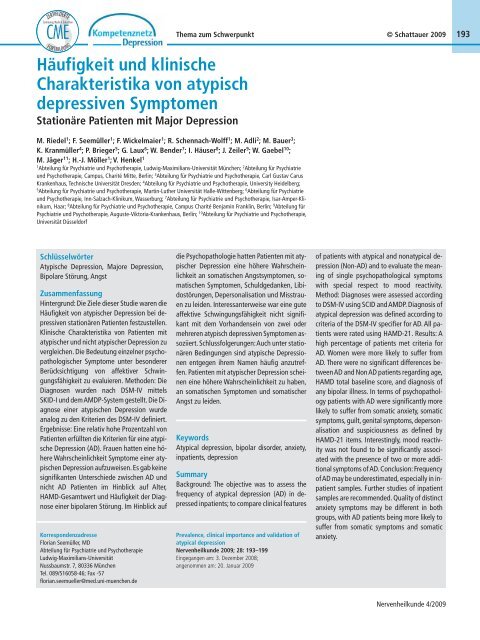Häufigkeit und klinische Charakteristika von atypisch depressiven ...