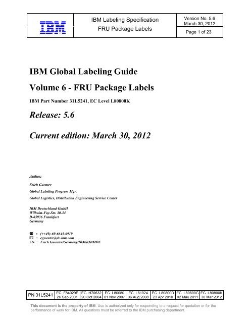 IBM Global Labeling Guide Volume 6 - FRU Package Labels ...