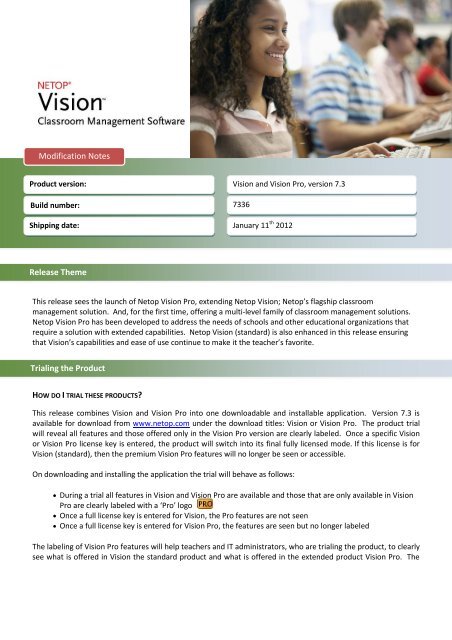 Netop Vision and Vision Pro version 7.3 Modification Notes