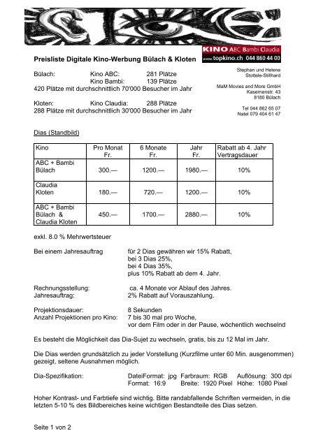 Preisliste Digitale Kino-Werbung Bülach & Kloten - Kino: ABC (Bülach)