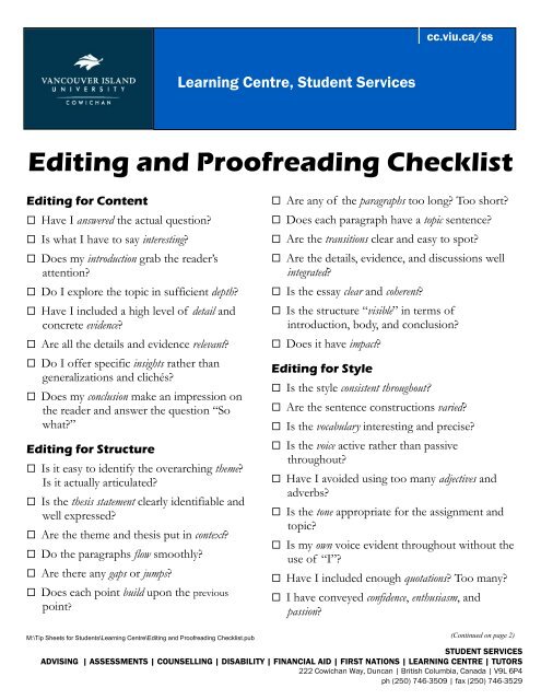 Editing and Proofreading Checklist Editing and Proofreading Checklist