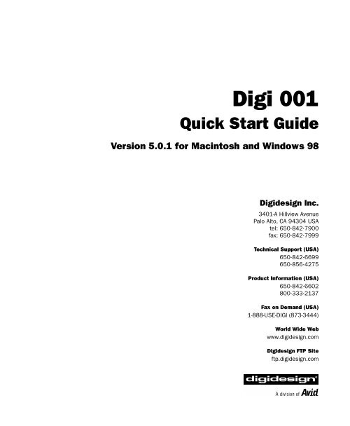 Digi 001 Quick Start Guide - Digidesign Support Archives