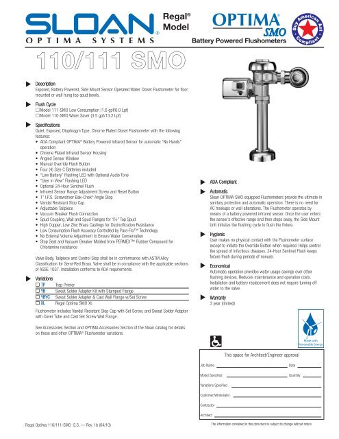 Regal Optima 110/111 SMO specification sheet - Sloan Valve ...