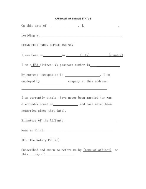 AFFIDAVIT OF SINGLE STATU