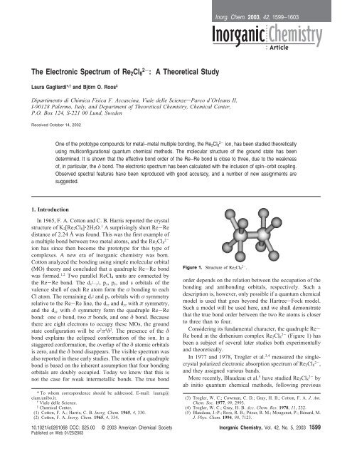 The Electronic Spectrum of Re2Cl8 : A Theoretical Study