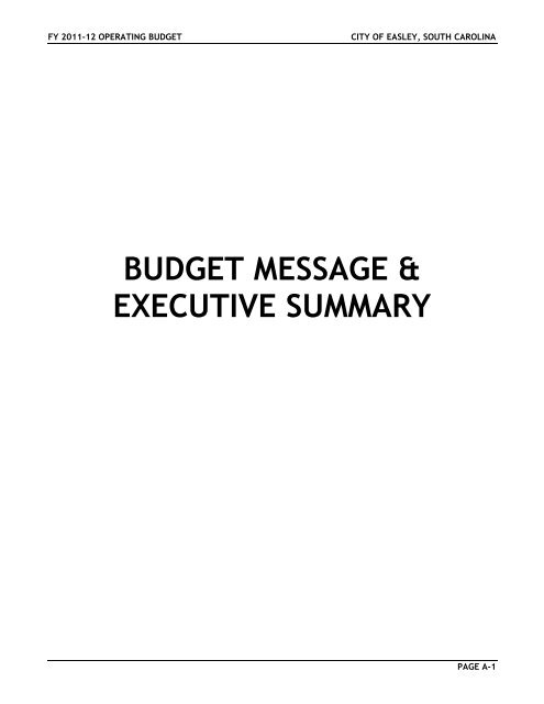BUDGET MESSAGE & EXECUTIVE SUMMARY - City of Easley