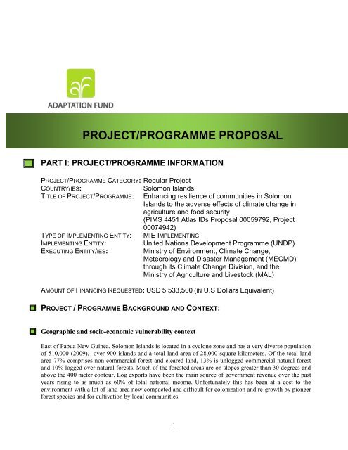 PROJECT/PROGRAMME PROPOSAL - Adaptation Fund