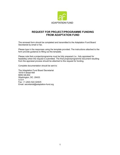 request for project/programme funding from adaptation fund