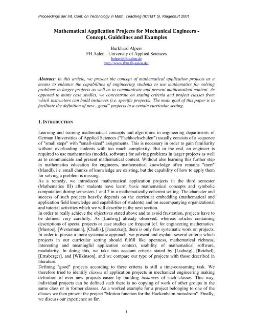 Mathematical Application Projects for Mechanical Engineers ...