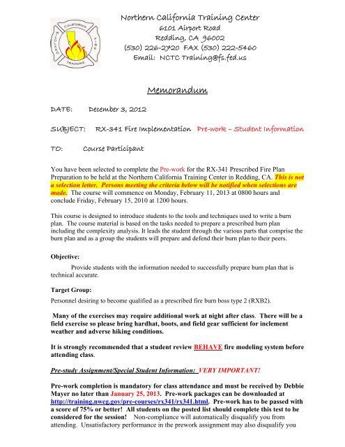 Memorandum - National Wildland Fire Training