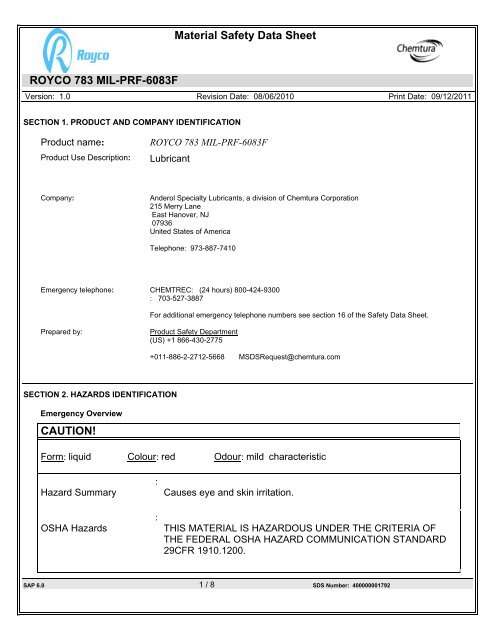Material Safety Data Sheet ROYCO 783 MIL-PRF ... - QC Lubricants!