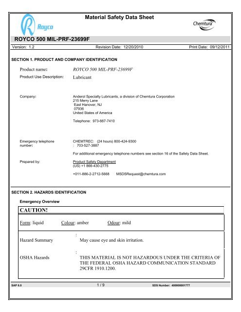 Material Safety Data Sheet ROYCO 500 MIL-PRF ... - QC Lubricants!