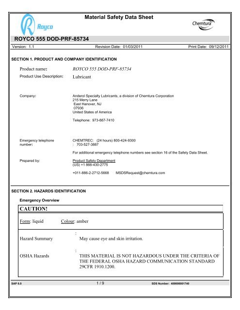 Material Safety Data Sheet ROYCO 555 DOD-PRF ... - QC Lubricants!