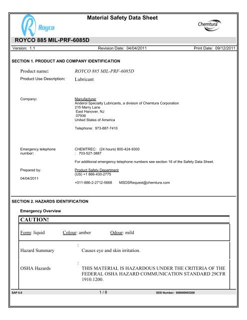 Material Safety Data Sheet ROYCO 885 MIL-PRF ... - QC Lubricants!