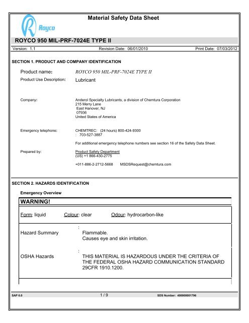 Material Safety Data Sheet ROYCO 950 MIL-PRF-7024E TYPE II ...