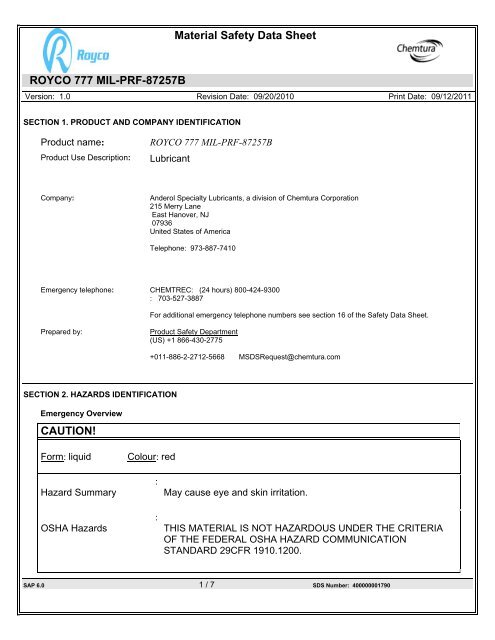 Material Safety Data Sheet ROYCO 777 MIL-PRF ... - QC Lubricants!