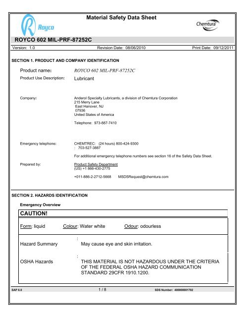 Material Safety Data Sheet ROYCO 602 MIL-PRF ... - QC Lubricants!