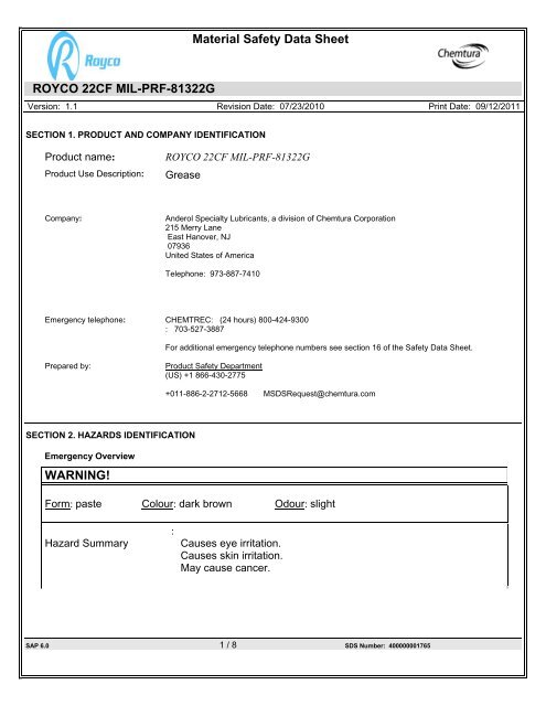 Material Safety Data Sheet ROYCO 22CF MIL-PRF ... - QC Lubricants!