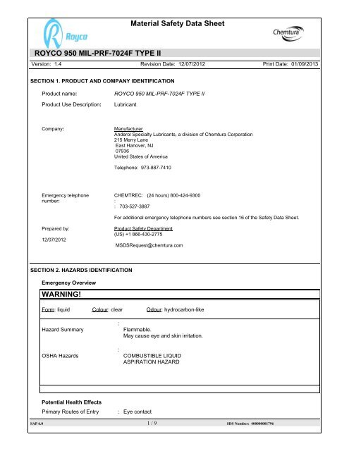 Material Safety Data Sheet ROYCO 950 MIL-PRF ... - QCLubricants